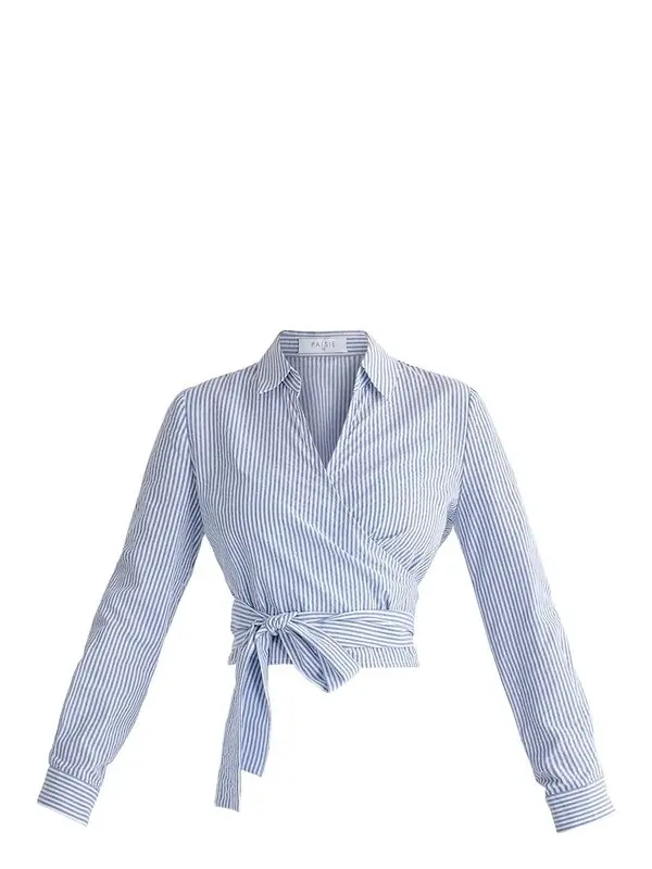 PAISIE Striped Side Tie Wrap Blouse - Blue
