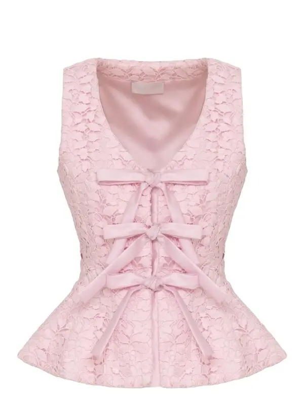 GEORGETTE Lace Bow Peplum Top - Pink