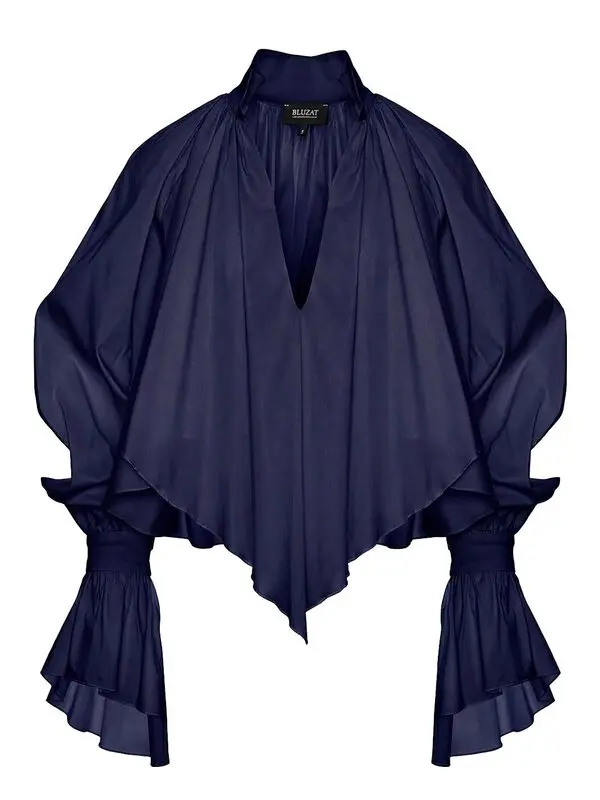 BLUZAT Oversized Shirt With High Collar And Balloon Sleeves - Blue