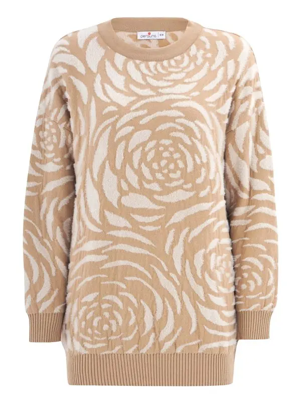 PERALUNA Rose Patterned Knit Fluffy Crew Neck Sweater - Brown