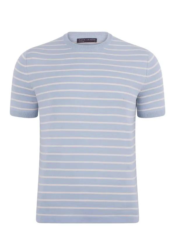 PAUL JAMES KNITWEAR Ultra-fine Cotton Javier Knitted Pin Stripe T-shirt Chalk - Blue