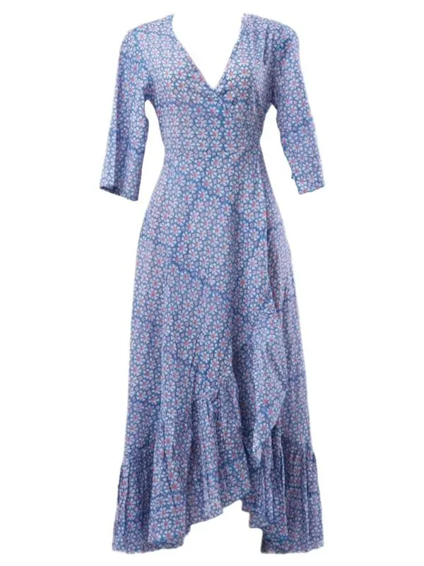 WILD ROSE Floral Hand Block Print Cotton Jua Dress - Blue
