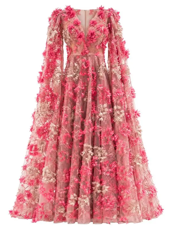 MATSOUR'I Hortensia Floral Appliqué Midi Dress With Detachable Sleeves - Orange