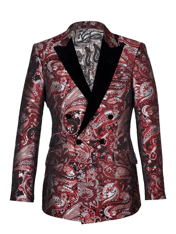 DAVID WEJ Kensington Double Breasted Peak Lapel Jacquard Blazer - Red