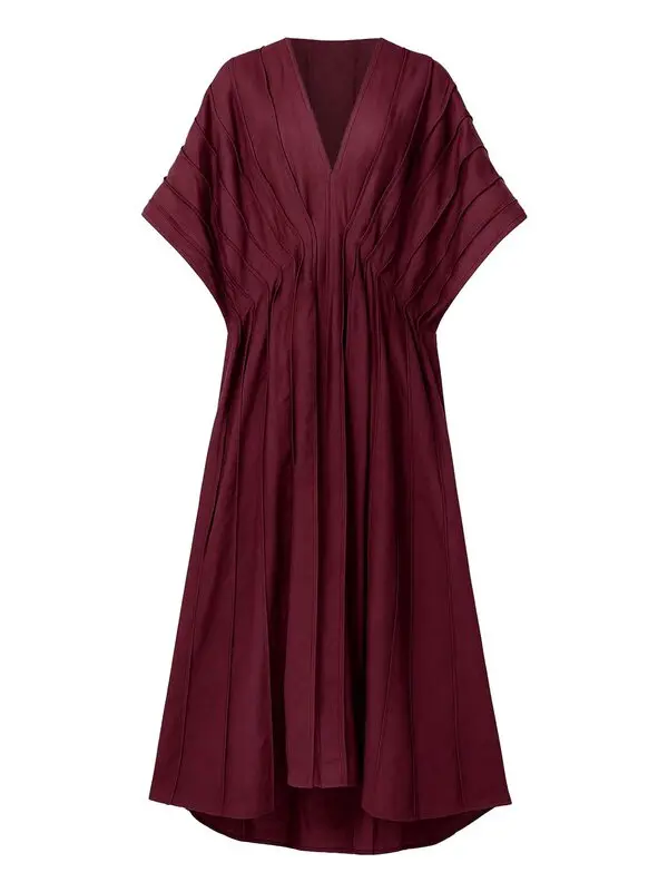 KARGEDE Burgundy Linen Kaftan Dress With Pleated Detailing - Red