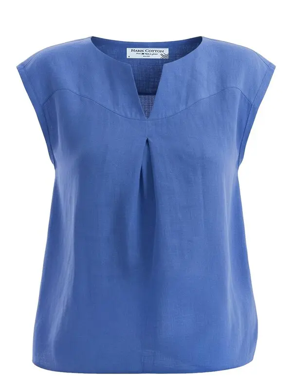 Haris Cotton Linen Short Sleeve Blouse With Front Pleat - Blue