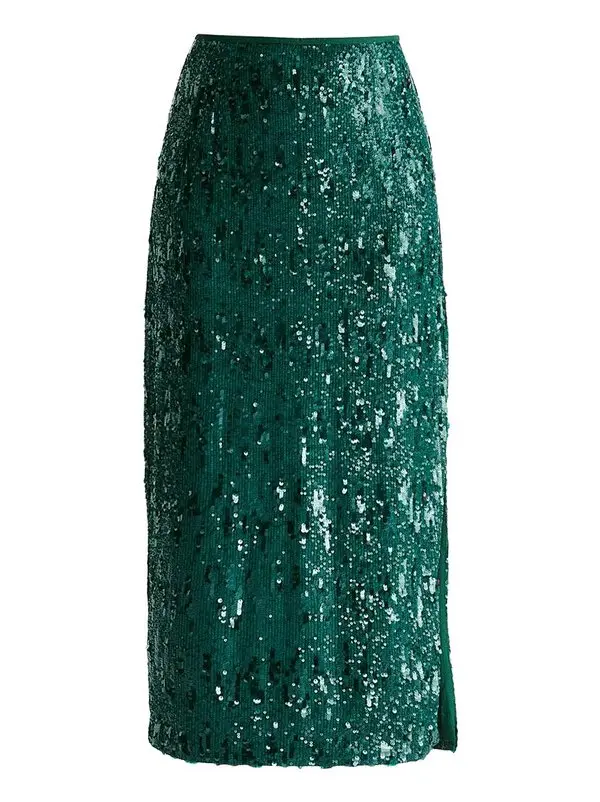 PAISIE Sequin Midi Skirt With Side Slit - Green