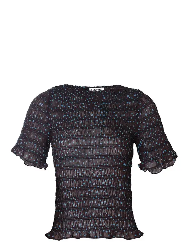 AMY LYNN Polka Dot Chiffon Smocked Top - Blue/brown/red