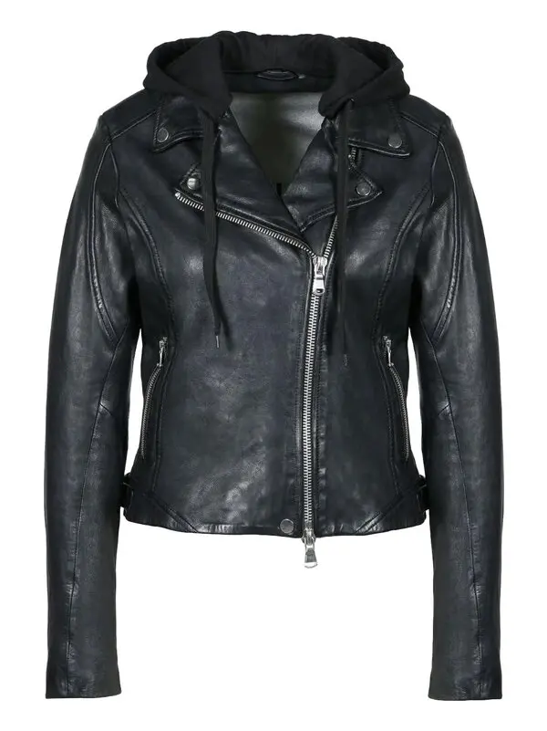 FREAKY NATION Leather Biker Jacket With Detachable Hood - Black