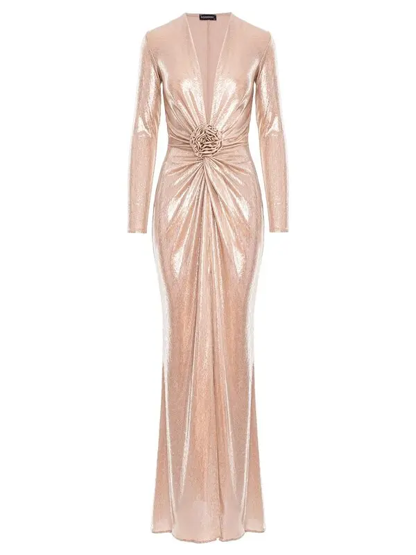 ROSERRY Mallorca Knit Jersey Maxi Dress With Rosette Detail - Gold