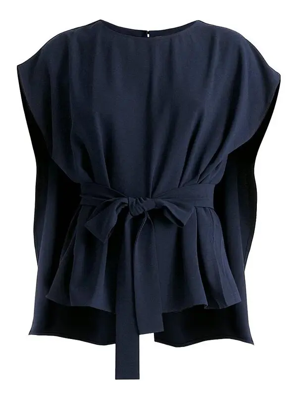 PAISIE Round Neck Cape Top With Belt - Blue