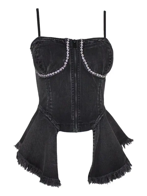 LALIPOP DESIGN Hand-stitched Crystal-embellished Denim Corset Top - Black