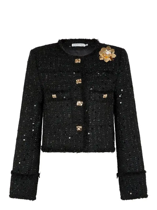 SOUR FIGS Sequined Bouclé Tweed Jacket With Brooch - Black