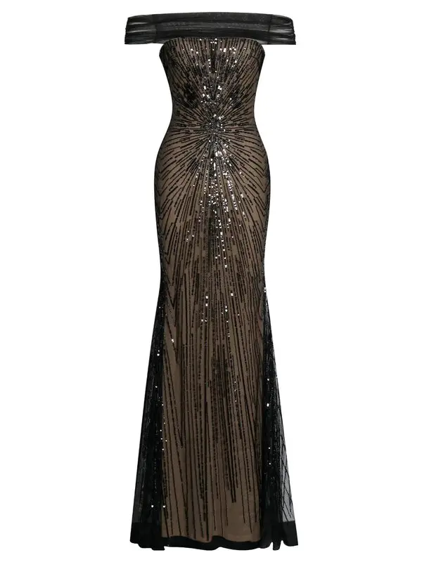 MISS CIRCLE NEW YORK Qeturah Embroidered Sequin Gown - Black