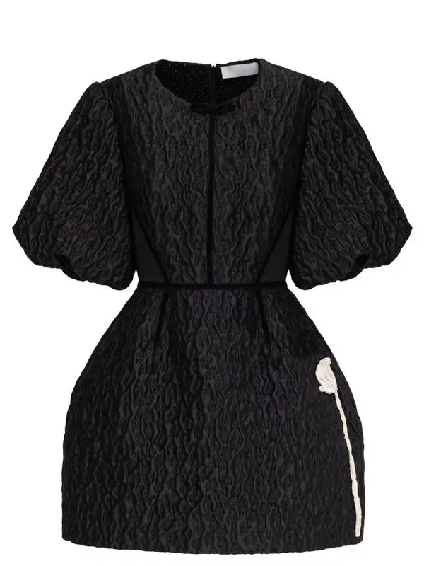 GEORGETTE Textured Mini Dress With Puff Sleeves - Black