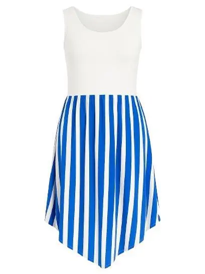 CONQUISTA Contrast Fabric Sleeveless Striped Dress - Blue