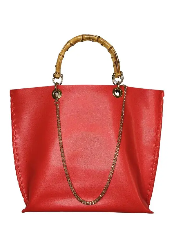 RUJ HERITAGE Maxi Tote Bag With Bamboo Handles - Red