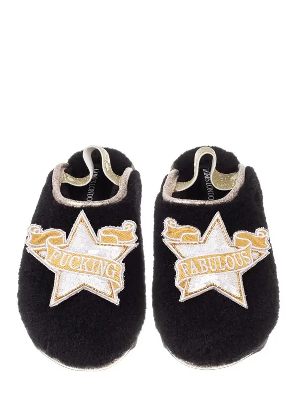 LAINES LONDON Flatform Cloud Slippers With Brooches - Black/gold