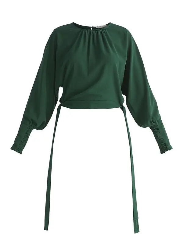 PAISIE Waist Tie Top With Shirred Cuffs - Green