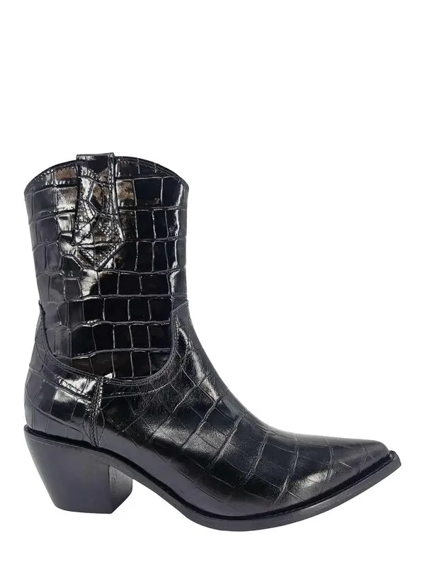 MADISON MAISON Leather Croc Embossed Pointy Toe Ankle Boots - Black