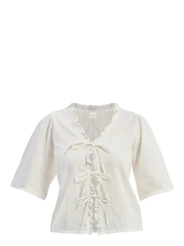 REISTOR Relaxed Fit Top With Ruffles And Front Ties - White