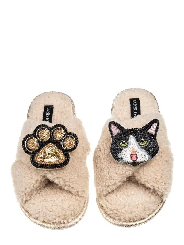 LAINES LONDON Neutral Boucle Slippers With Brooches - Brown