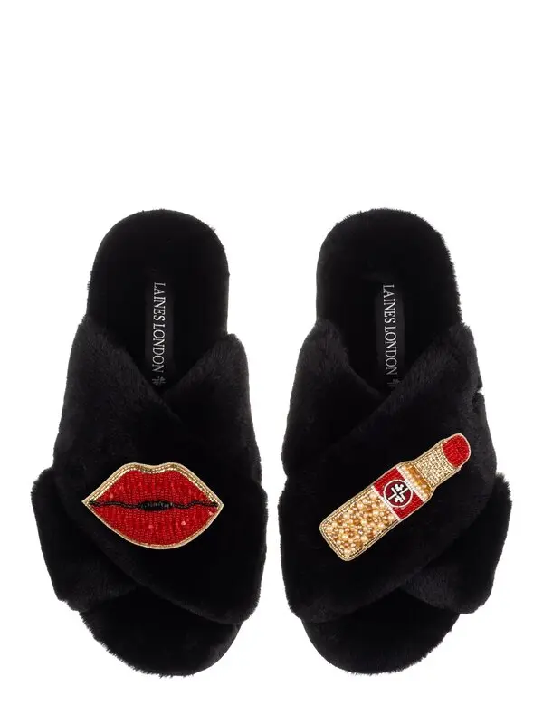 LAINES LONDON Faux Fur Slippers With Brooches - Black