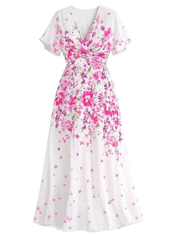 YUMI Mirror Floral Print Ruched Waist Kimono Midi Dress - Pink
