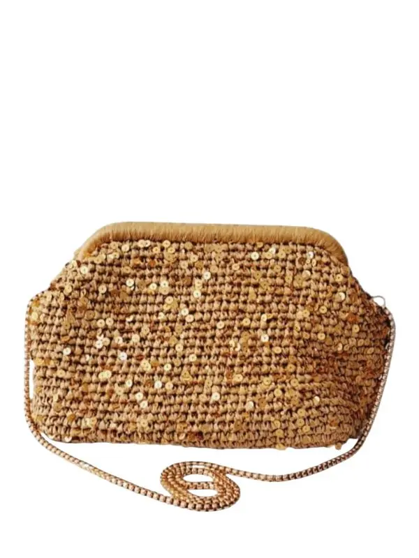 SPRINGMOONATELIER Handcrafted Raffia Clutch With Sequins And Chain Strap - Brown