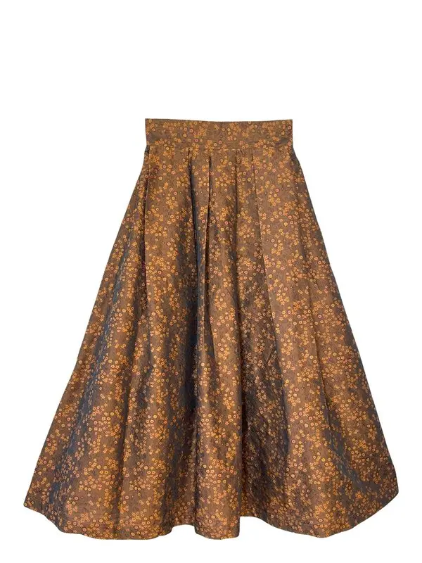 L2R THE LABEL Floral Brocade Midi Skirt - Green/brown