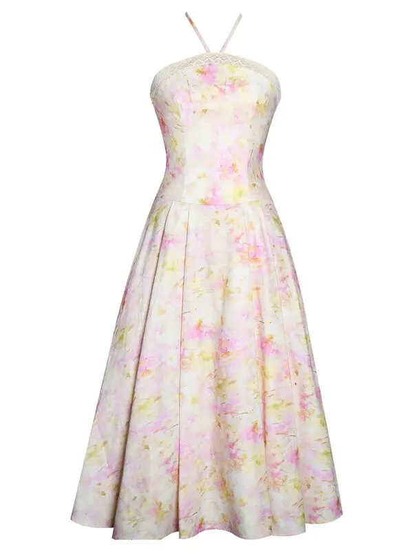 MISS CIRCLE NEW YORK Floral Print Linen Midi Dress With Lace Trim - Pink/yellow
