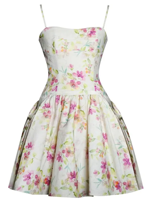 MISS CIRCLE NEW YORK Printed Linen Mini Dress With Pockets - Pink/yellow