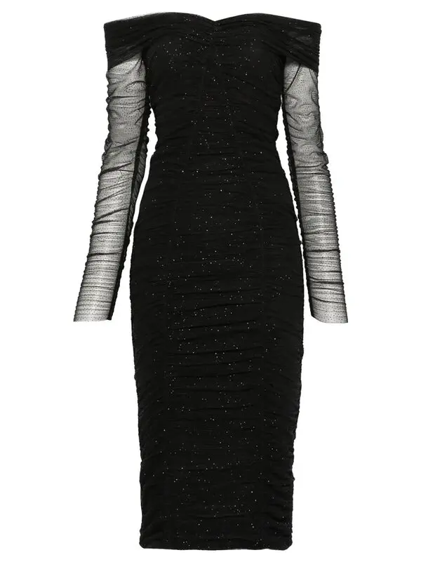 NISSA Ruched Tulle Midi Dress - Black