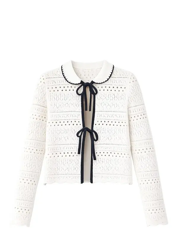 YUMI Crochet Knitted Cardigan With Peter Pan Collar - White