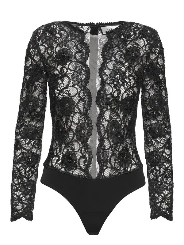 NISSA Sequin-detail Lace Bodysuit - Black