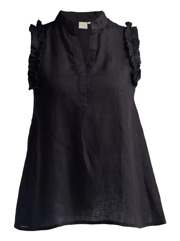 REISTOR Sleeveless Hemp Top With Ruffles - Black