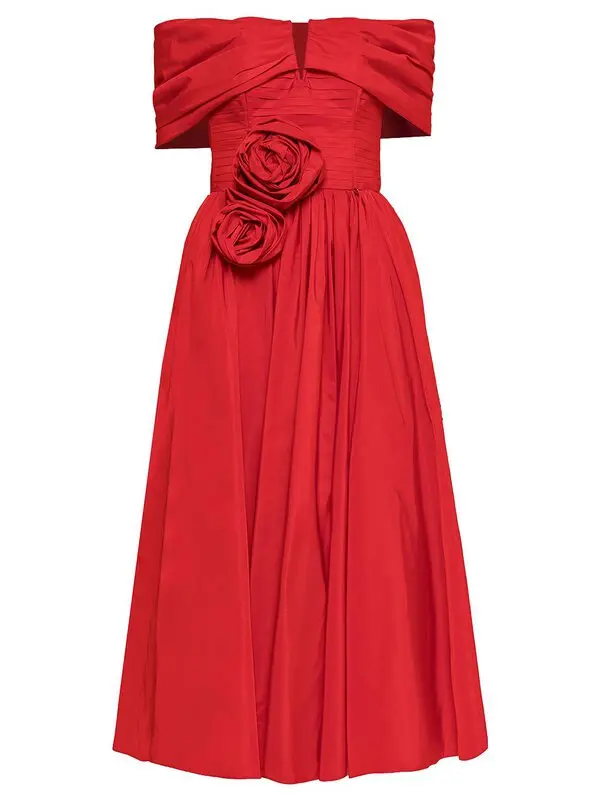 NISSA Off-shoulder Taffeta Midi Dress - Red