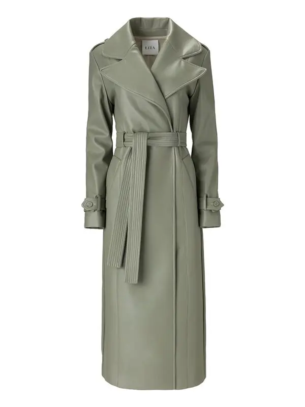 LITA COUTURE Vegan Leather Belted Trench Coat - Green