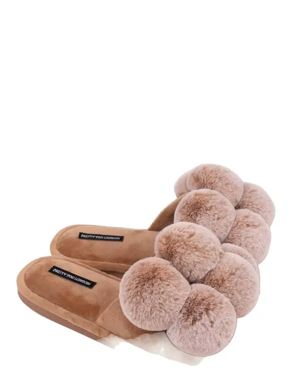 PRETTY YOU Dolly Pom Slider Slippers - Brown
