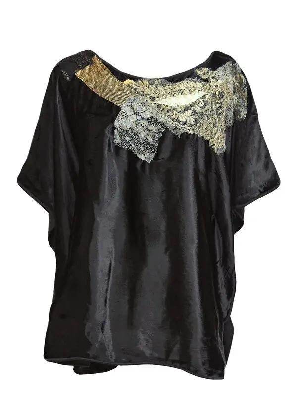 SANIYA KHAN Lace Medley Panne Velvet Poncho - Black
