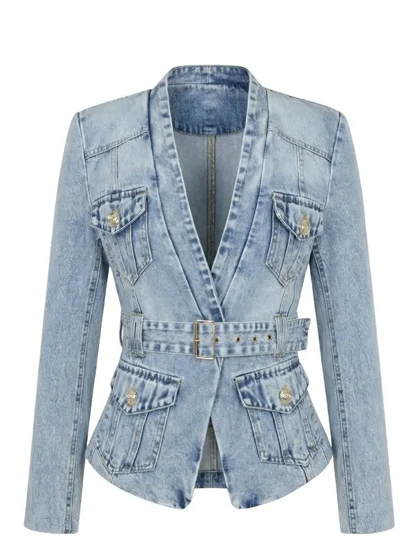 MODENAIRE Belted Denim Blazer With Patch Pockets - Blue