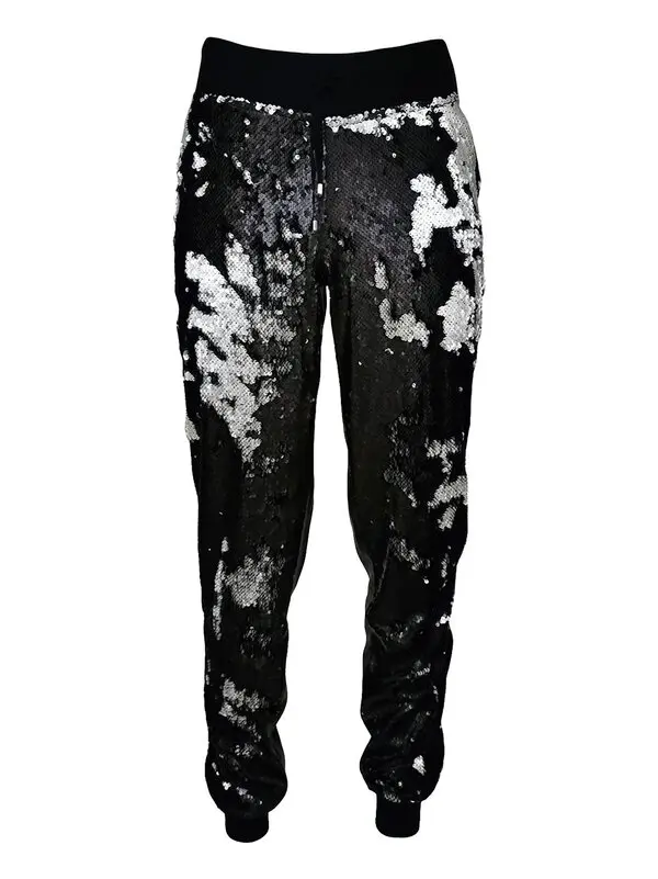 LALIPOP DESIGN Double-sided Sequined Faux Leather Track Pants - Black