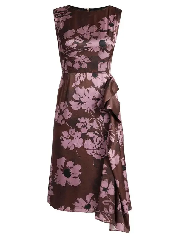 Santorelli Nica Sleeveless Floral Twill Crepe Dress With Ruffle - Purple