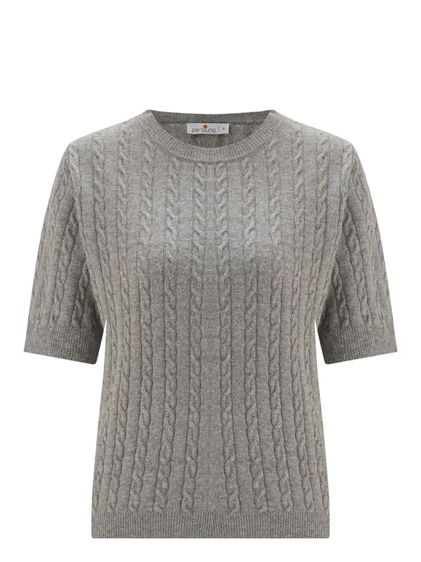 PERALUNA Nicole Cable Knit Cashmere Blend Short Sleeve Blouse - Grey