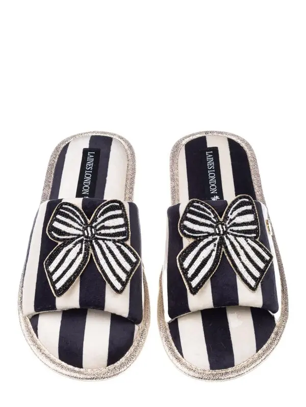 LAINES LONDON Flatform Stripe Slippers With Bow Detail - Black/white