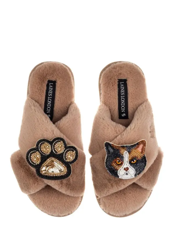 LAINES LONDON Classic Slippers With Detachable Brooches - Brown