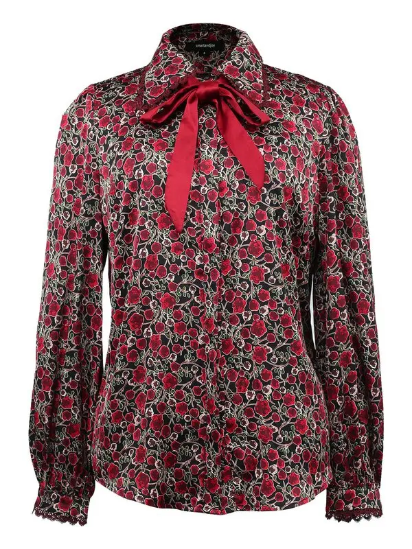 SMART AND JOY Floral Print Ascot Tie Shirt - Red