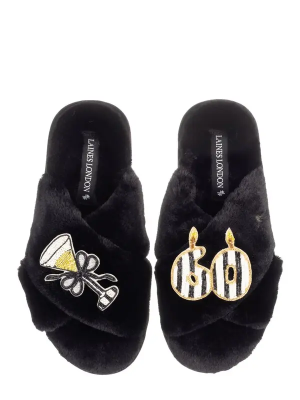 LAINES LONDON Classic Laines Slippers With Stripe 60th Birthday & Glass Of Champagne Brooches - Black