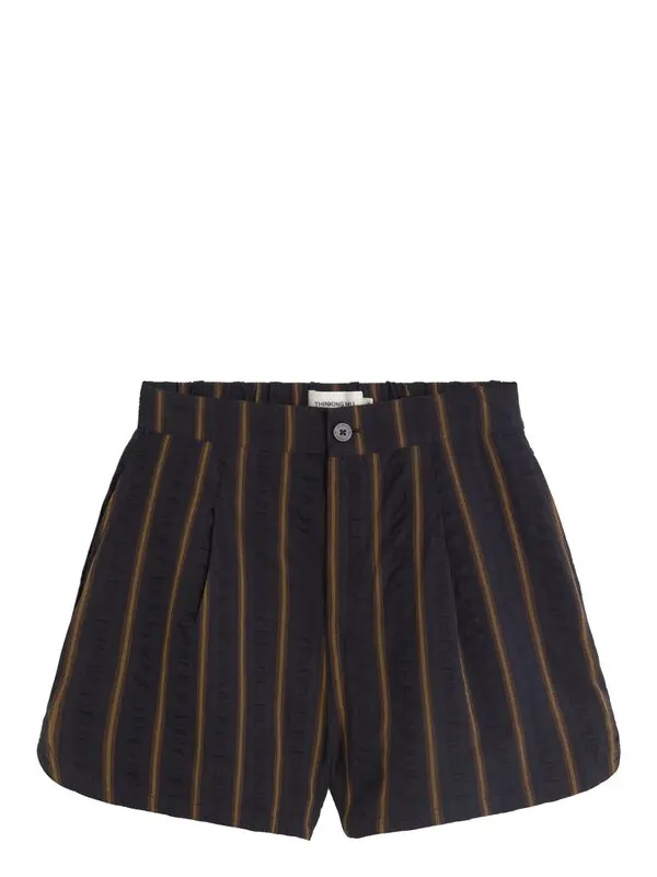 THINKING MU Striped Seersucker Wide Leg Shorts - Blue