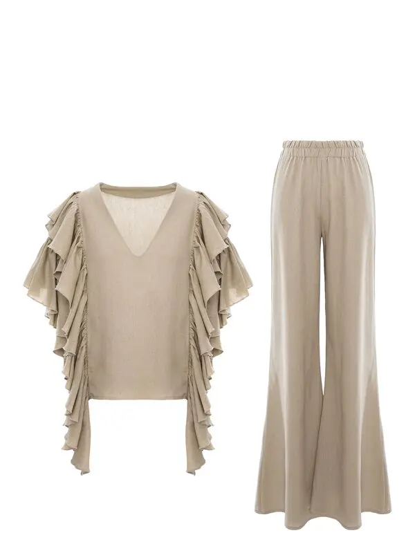 BLUZAT Linen Co-ord Set With Ruffle Sleeve Top And Wide Leg Trousers - Brown